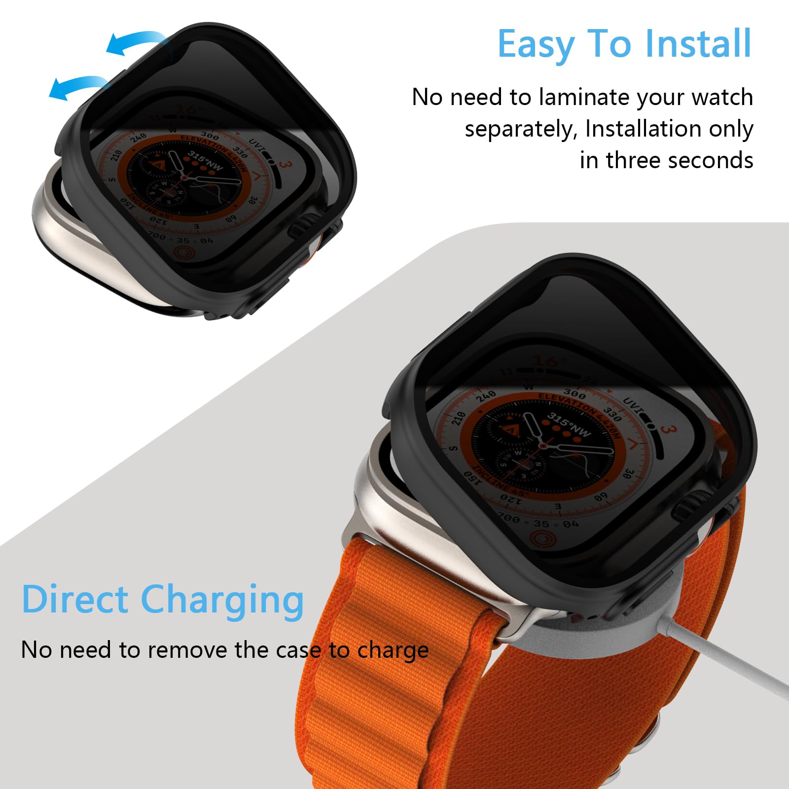 COMMUTER 3 Pack for Apple Watch Ultra 49mm Privacy Screen Protector with Hard PC Case, [Anti-Peeping] Tempered Glass Cover Bumper for iWatch Series 8 Ultra 49mm, Black/Black/Black