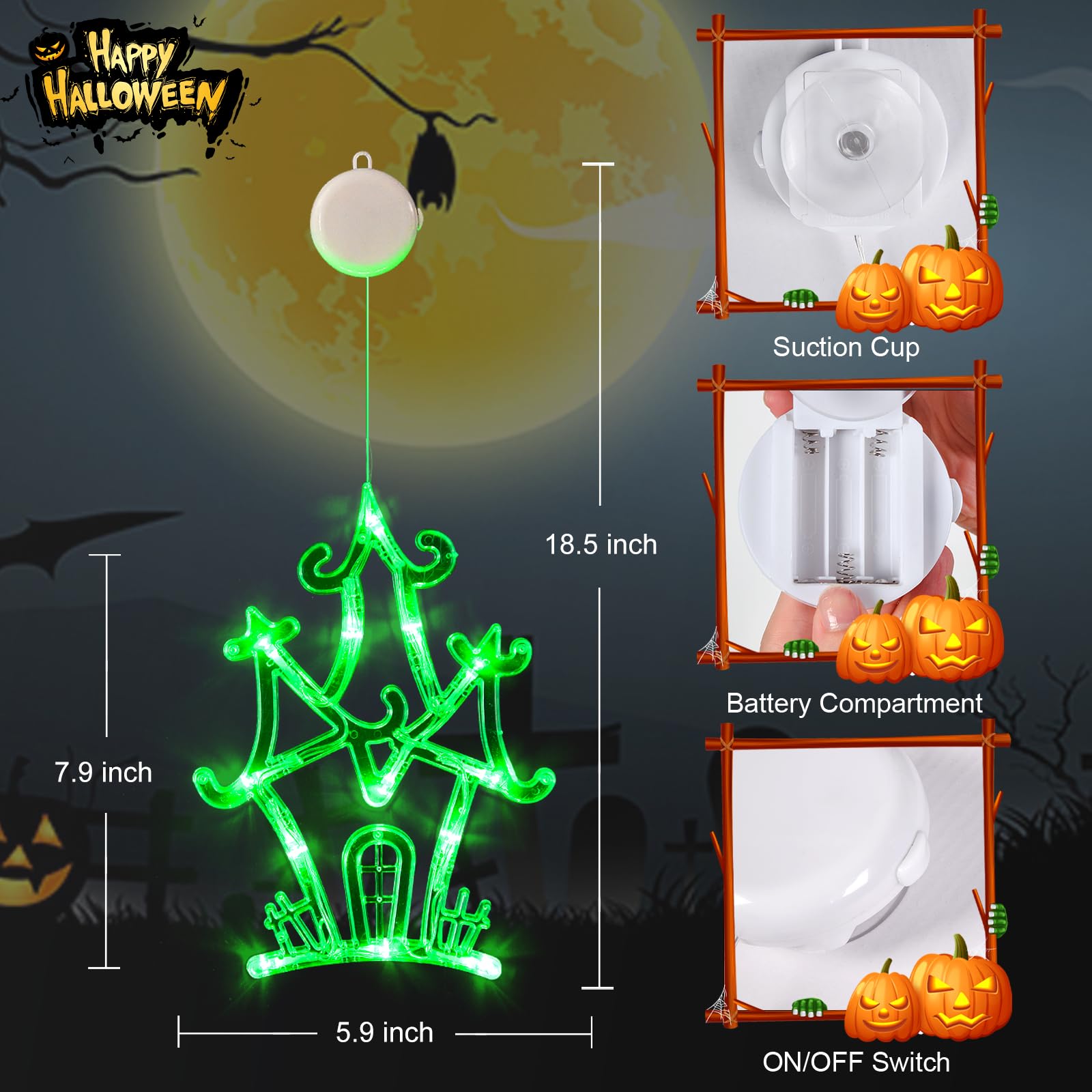 LOLStar Halloween Lights,3 Pack Ghost Tree, Haunted House, Candle Window Lights with Suction Cup, Upgrade Timer and Slowly Fade Functions Battery Operated Indoor Lights for Halloween Window Decoration