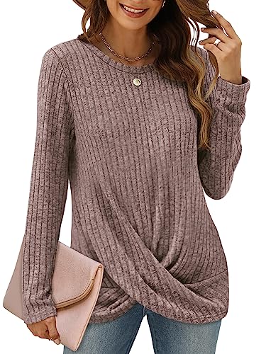OFEEFAN Plus Size Tops for Women Dressy Fall Long Sleeve Crew Neck Light Sweaters Pink 3XL