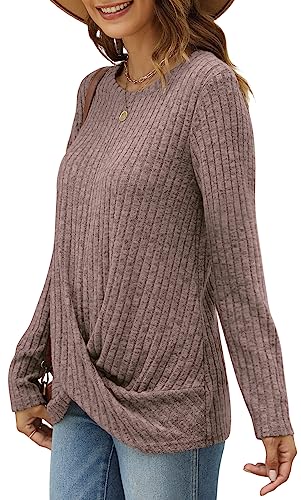 OFEEFAN Plus Size Tops for Women Dressy Fall Long Sleeve Crew Neck Light Sweaters Pink 3XL