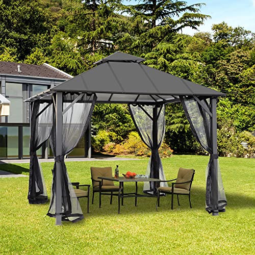 CASAINC Hardtop Gazebo 10x10 FT, Hardtop Gazebos with Double Roof, Aluminum Frame Permanent Outdoor Canopy, Patio Gazebo with Mosquito Netting for Patio Lawn Garden