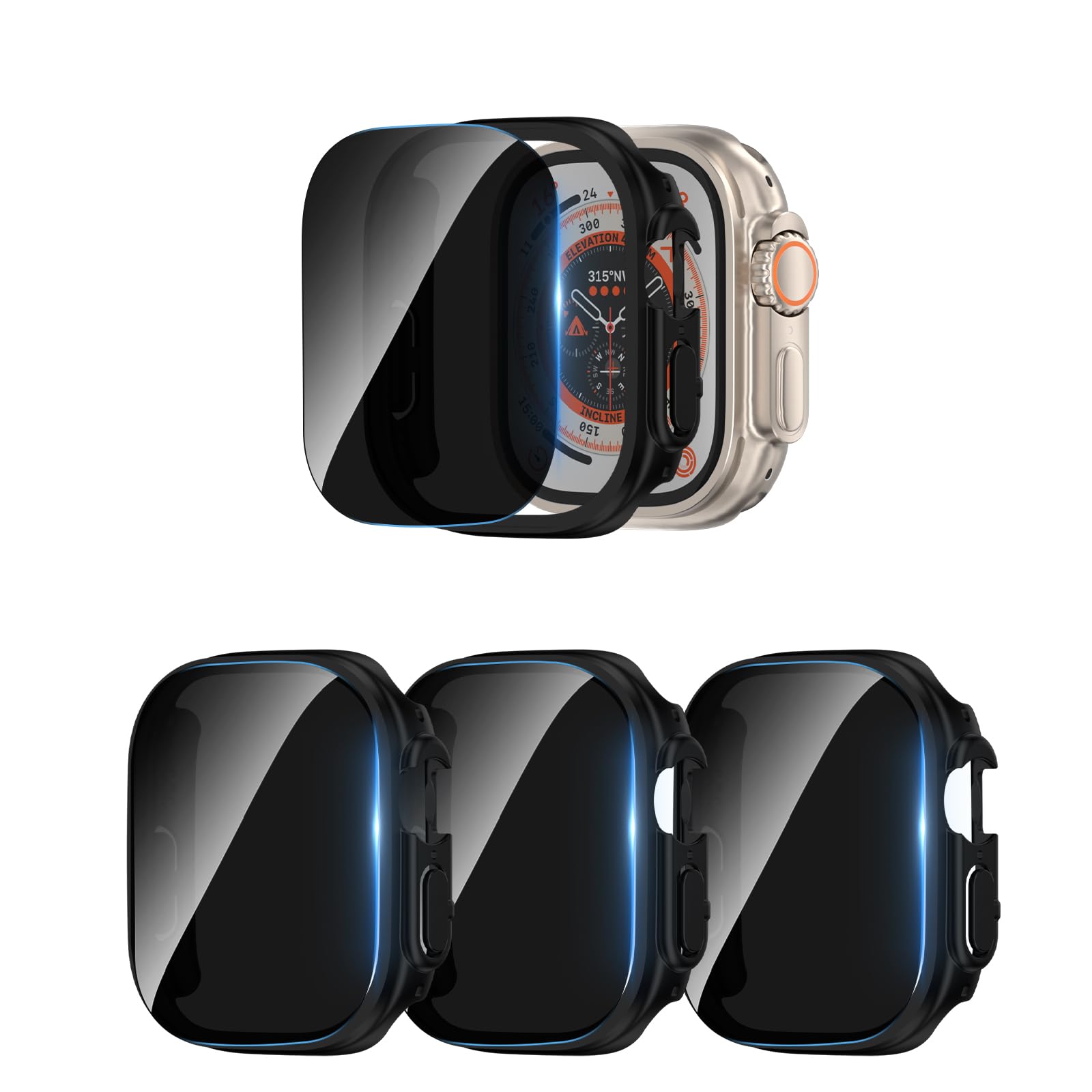 COMMUTER 3 Pack for Apple Watch Ultra 49mm Privacy Screen Protector with Hard PC Case, [Anti-Peeping] Tempered Glass Cover Bumper for iWatch Series 8 Ultra 49mm, Black/Black/Black