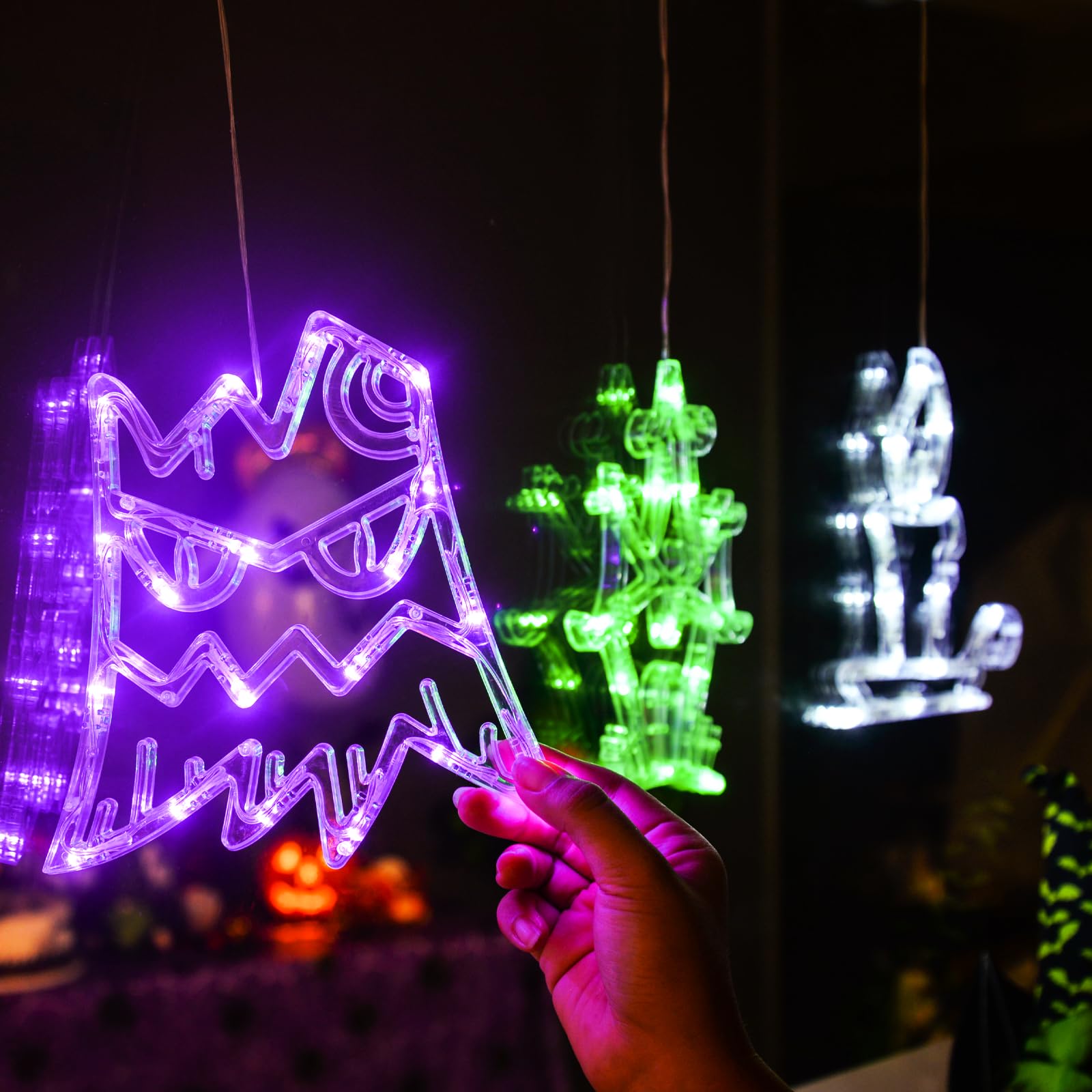 LOLStar Halloween Lights,3 Pack Ghost Tree, Haunted House, Candle Window Lights with Suction Cup, Upgrade Timer and Slowly Fade Functions Battery Operated Indoor Lights for Halloween Window Decoration
