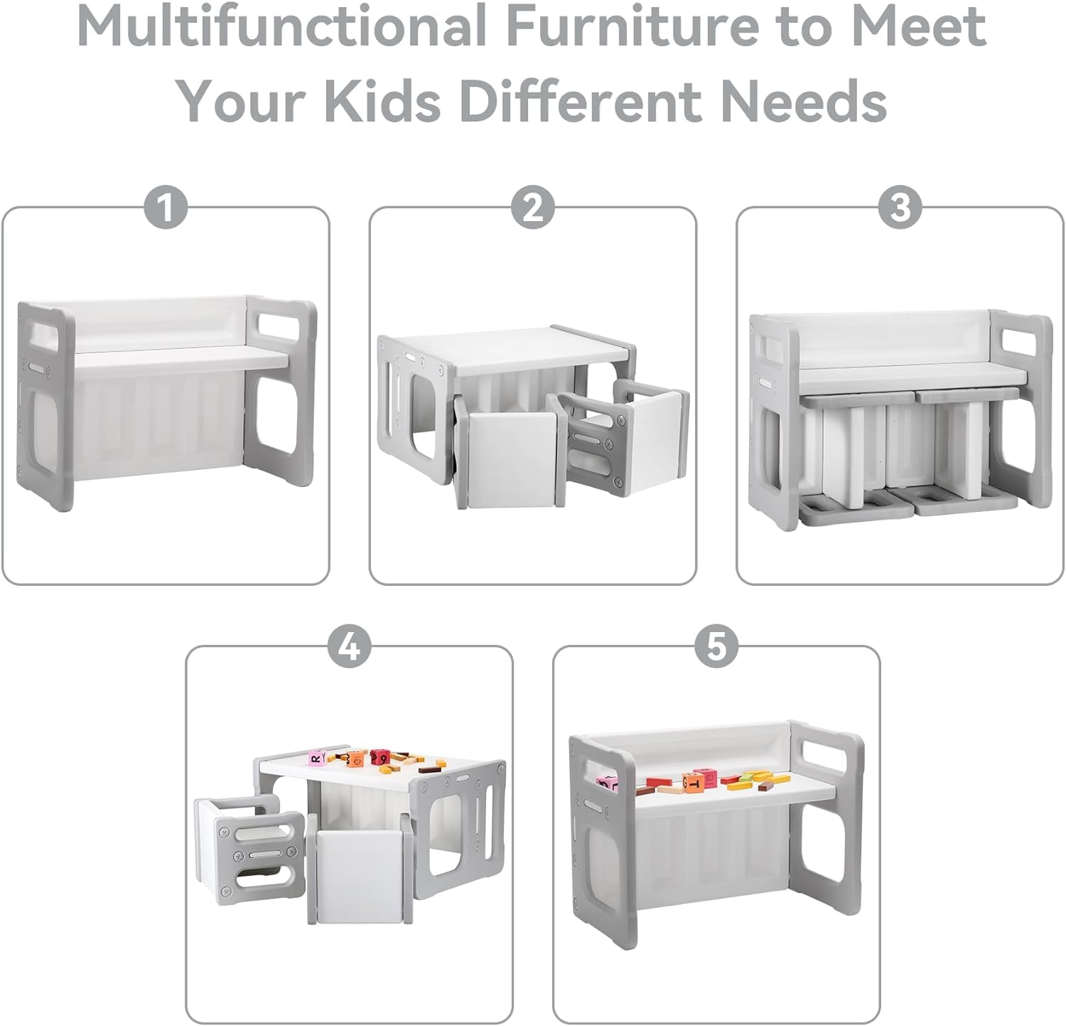 DOREROOM 4 in 1 Kids Table and 2 Chairs Set with Storage, Toddler Table and Chair Set for Kids Ages 3-10, Graffiti & Building Blocks Double-Sided Tabletop (Gray, 2 Chairs)