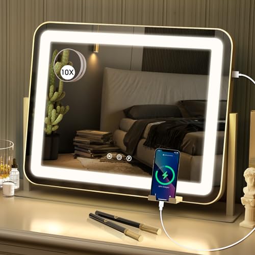 Sucedey Vanity Mirror with Lights, 19.7" x 15.7" LED Makeup Mirror, 3 Color Modes & Adjustable Brightness, Detachable 10x Magnification and USB Charging Design, 360° Rotation (White)