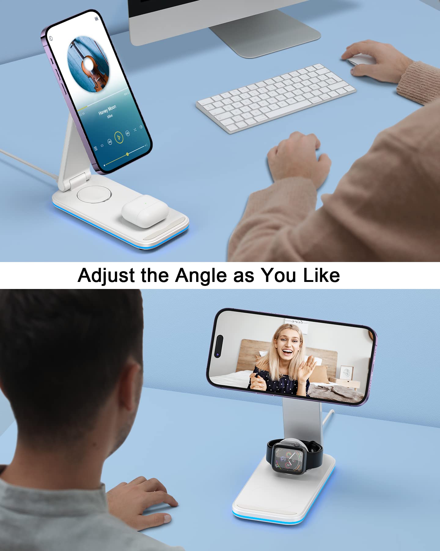 3 in 1 Wireless Charging Station Mag-Safe, BOCLOUD Aluminum Alloy Foldable Stand Portable Fast Charger for iPhone 14,13,12 Pro Max/Pro/Mini, iWatch 8/SE2/7/6/SE/5/4/3/2, AirPods Pro/3/2, white