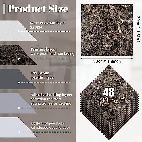 48 Pieces Vinyl Flooring Peel and Stick Floor Tile Stick on Floor Tile Self Adhesive Waterproof Bathroom 12 x 12 Inch for Bathroom Kitchen Bedroom Living Room(Delicate)