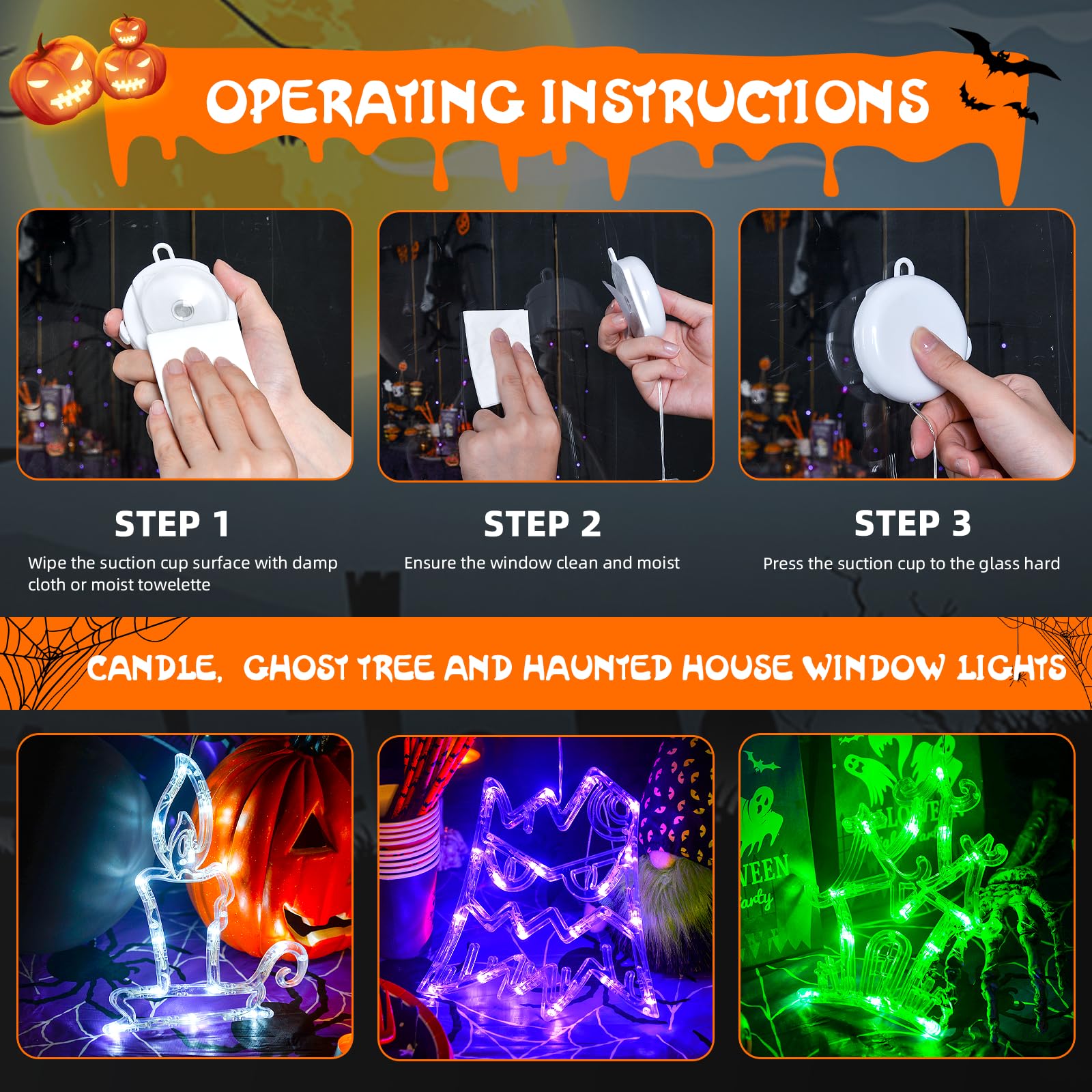 LOLStar Halloween Lights,3 Pack Ghost Tree, Haunted House, Candle Window Lights with Suction Cup, Upgrade Timer and Slowly Fade Functions Battery Operated Indoor Lights for Halloween Window Decoration