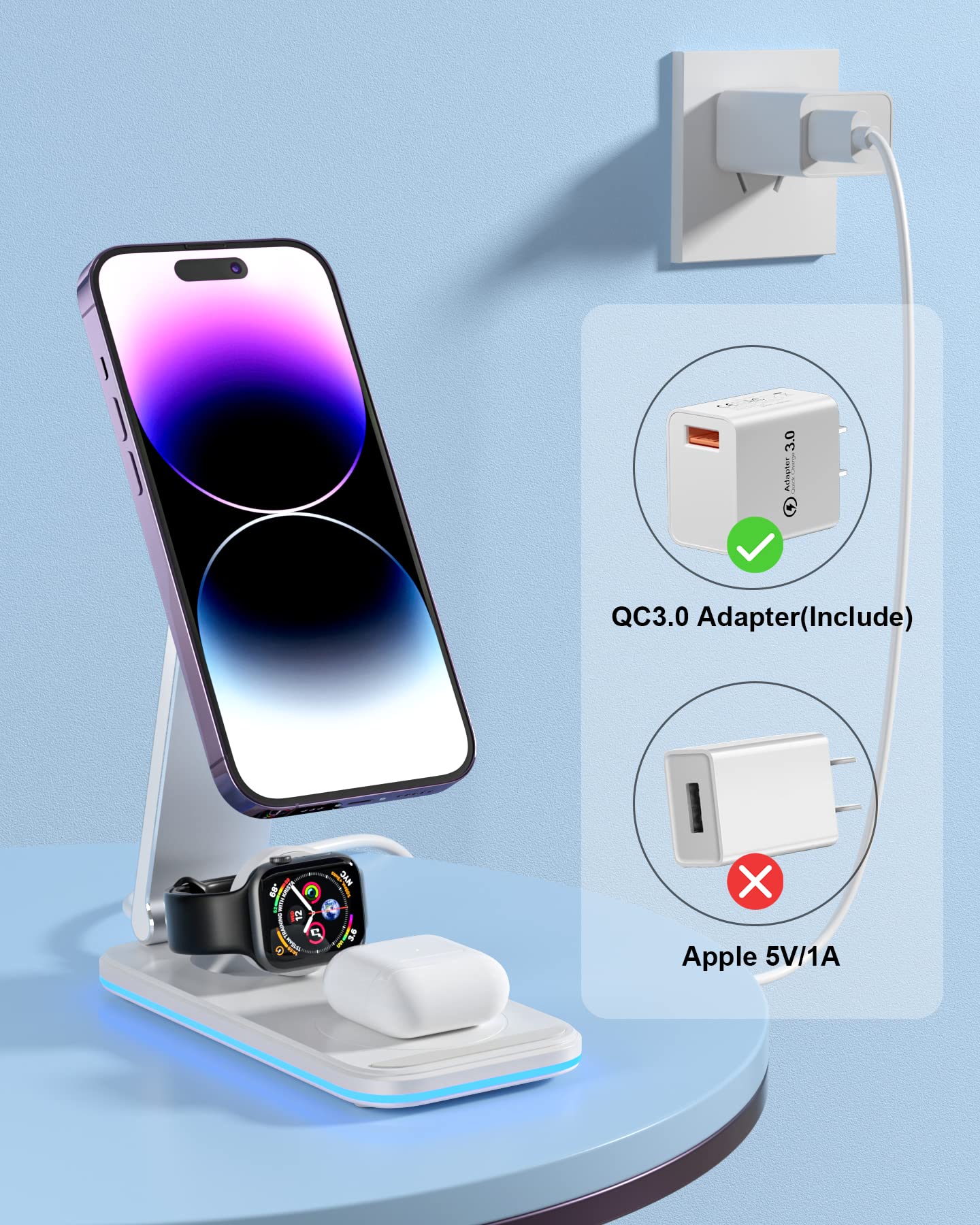 3 in 1 Wireless Charging Station Mag-Safe, BOCLOUD Aluminum Alloy Foldable Stand Portable Fast Charger for iPhone 14,13,12 Pro Max/Pro/Mini, iWatch 8/SE2/7/6/SE/5/4/3/2, AirPods Pro/3/2, white