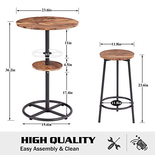 VECELO 3 Piece Bar Table and Chairs Counter Height Bistro Sets with 2 Barstools for Indoor, Small Space Restaurant, Brown