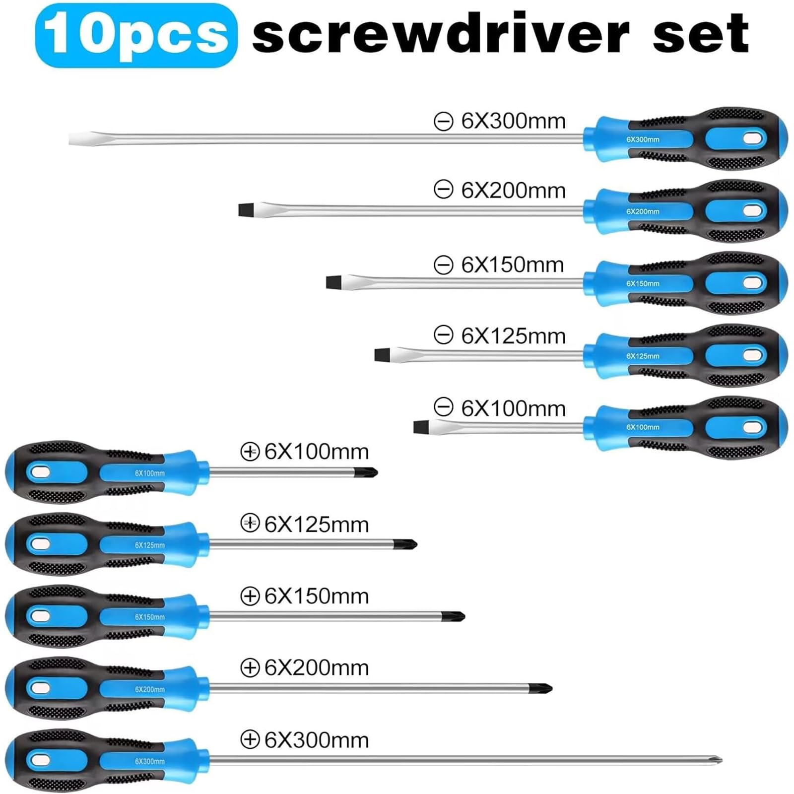 Magnetic long Screwdriver Set 10 PCS,5 Phillips and 5 Flat Head Precision Screwdriver,Professional Cushion Grip and Non-Slip for Repair Home Improvement Craft