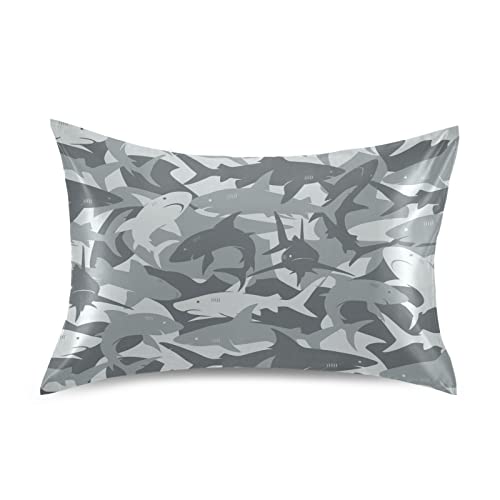 Sharks Camo Pillow Covers Silk Pillowcase for Hair and Skin Soft Breathable Smooth Cooling Satin Pillowcase Standard Size Pillow Case for Bedroom Bed Sleeping (20x26 Inch)
