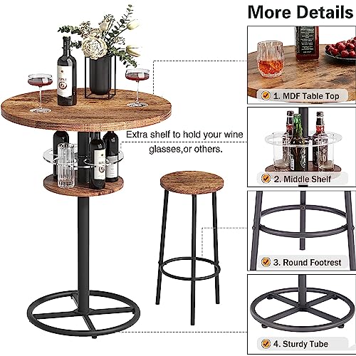 VECELO 3 Piece Bar Table and Chairs Counter Height Bistro Sets with 2 Barstools for Indoor, Small Space Restaurant, Brown