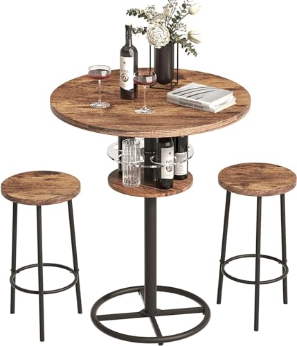 VECELO 3 Piece Bar Table and Chairs Counter Height Bistro Sets with 2 Barstools for Indoor, Small Space Restaurant, Brown