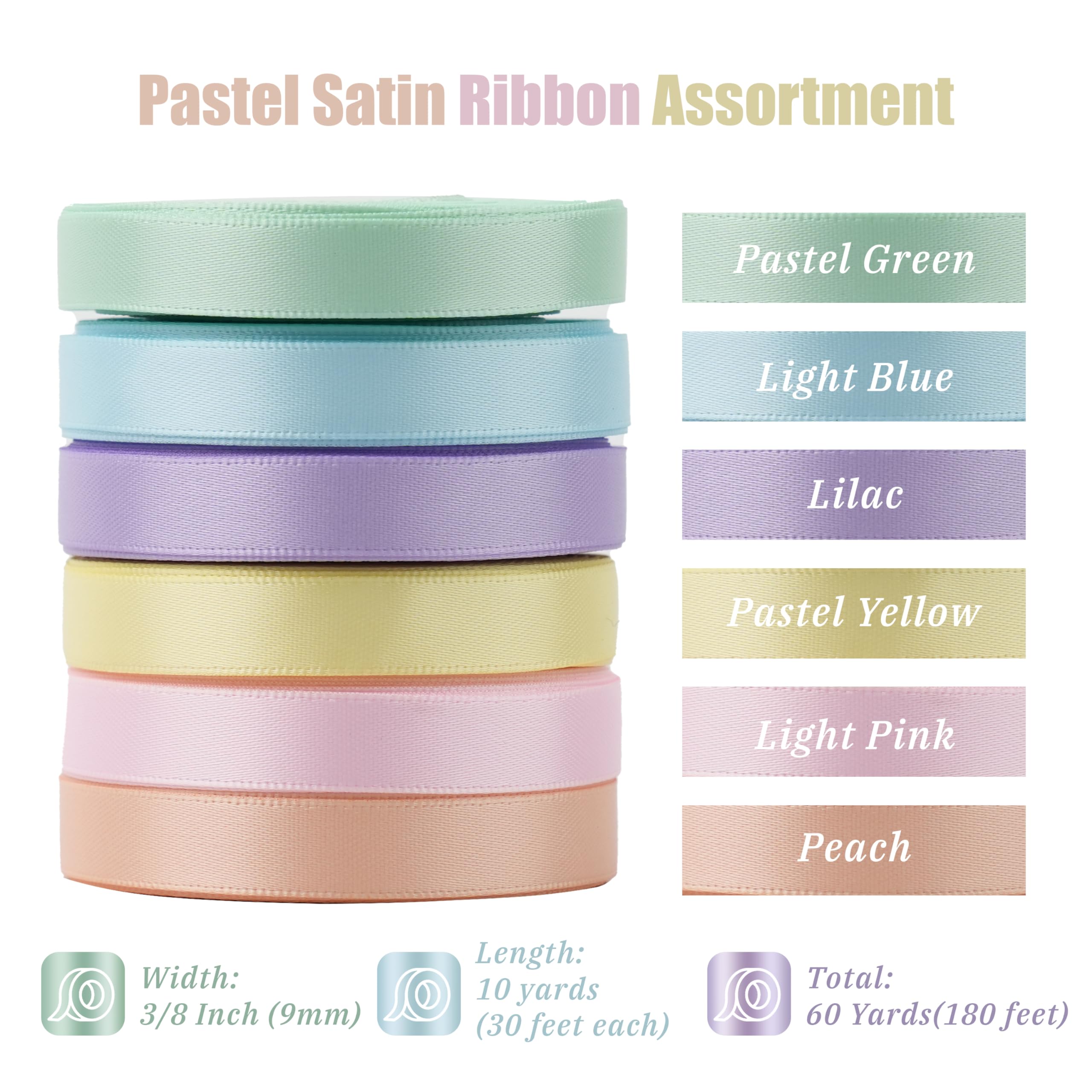 DINDOSAL Pastel Ribbon Assortment - 3/8" Double Face Satin Ribbon, 6 Rolls, 60 Yards for Gift Wrapping, Wedding Party Decorations