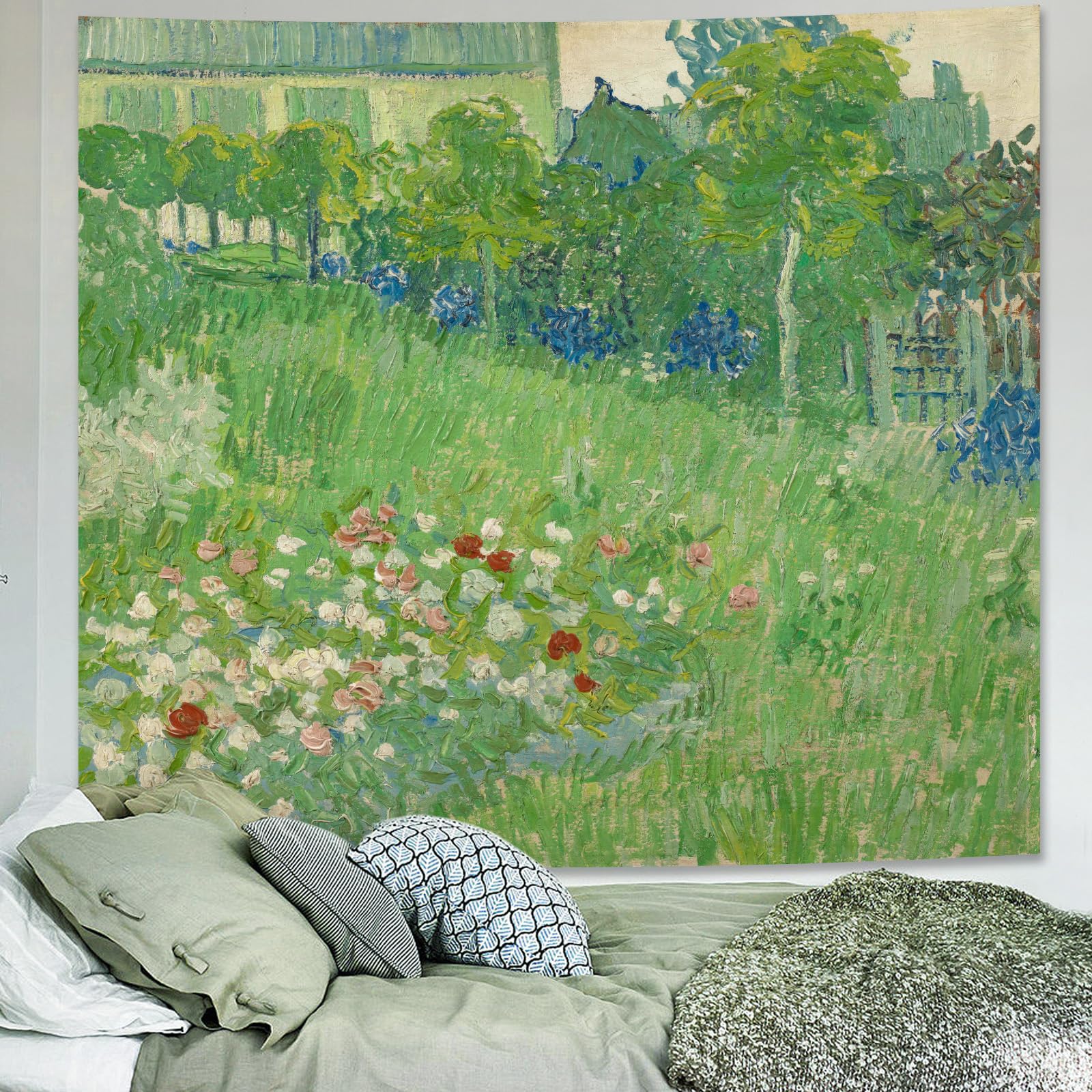 Avinyl Green Van Gogh Wall Art Tapestry for Bedroom,Vintage Floral Tapestries Wall Hanging Aesthetic, Spring Garden Oil Painting Poster for Living Room Dorm Decor 51in X 60in