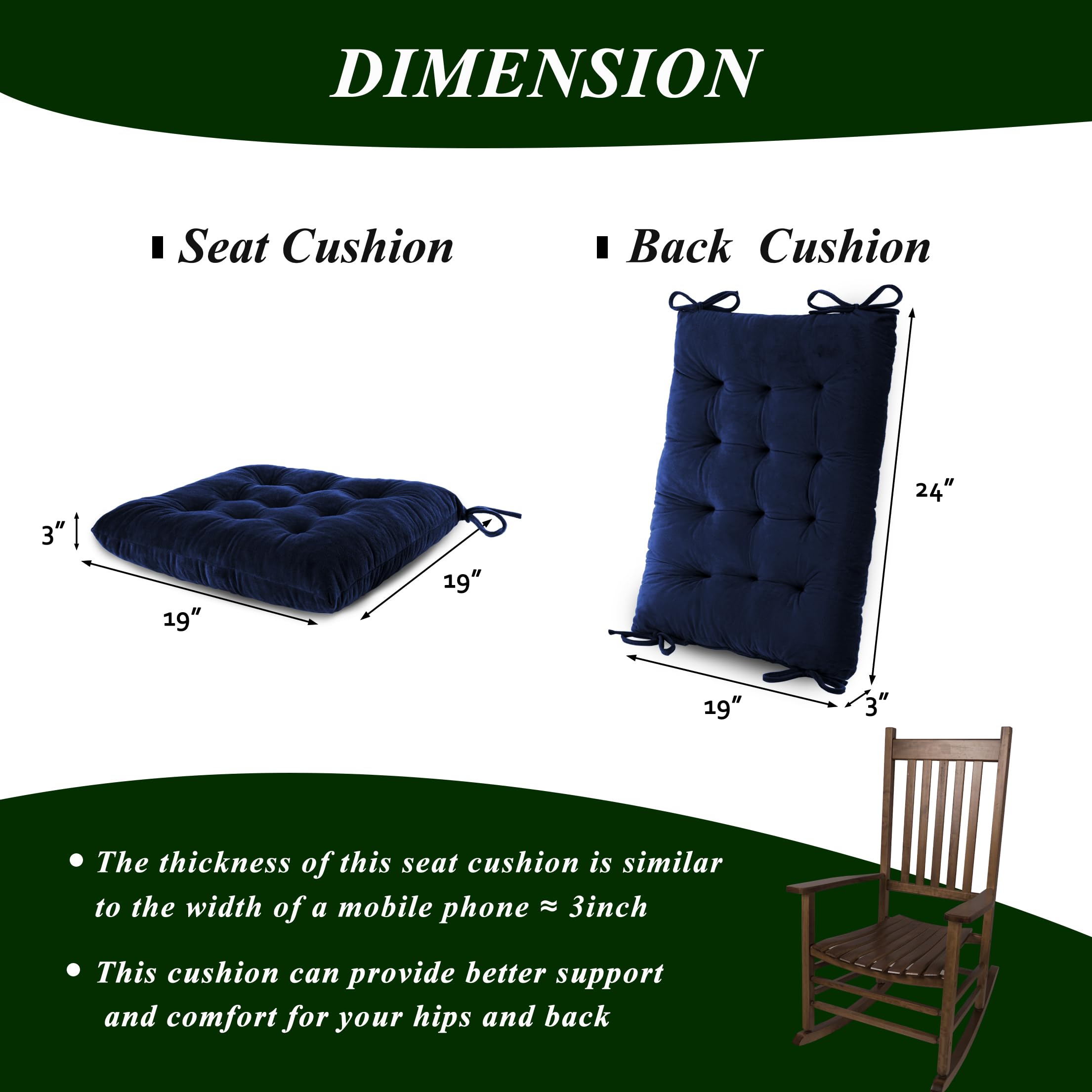 FlyGulls Rocking Chair Cushions Indoor Velvet Chair Pads High Back and Seat Cushion 2 Piece Set Navy