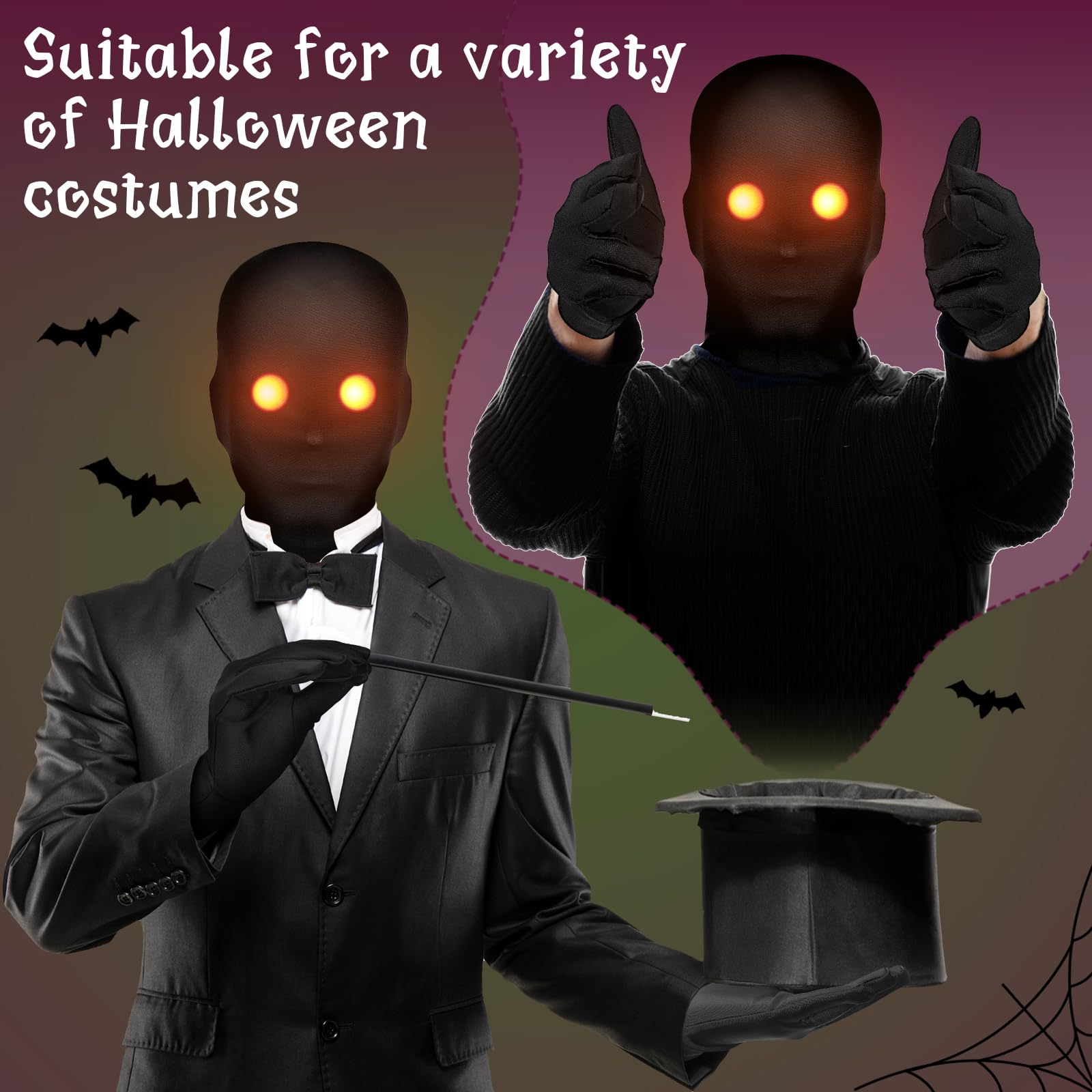 3 Pcs Halloween Glowing Grim Reaper Costume Accessories Set Black Full Face Mask Spandex Gloves with Glowing Eyes Glasses for Halloween Adult Masquerade Cosplay