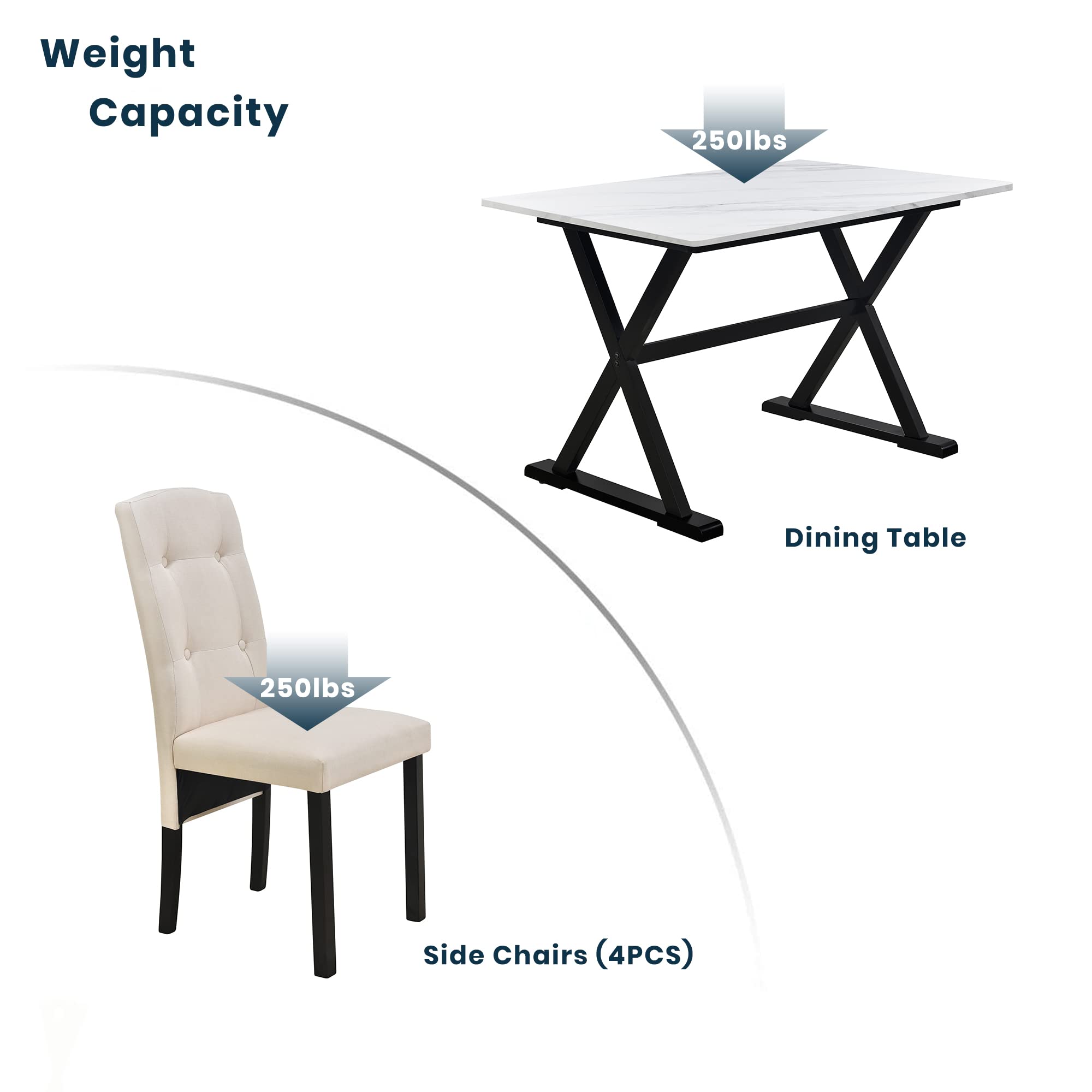 LZ LEISURE ZONE Dining Table Set, Solid Wood 5-Piece Dining Set with Faux Marble Tabletop and Upholstered Dining Chairs for 4, Dining Room Sets, White+Beige