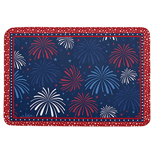 July 4th Bath Rugs American Flag Firework Independence Day Holiday Sponge Doormat Absorbent Non Slip Backing Flannel Mat Blue White Red Stars Side Memory Foam Mats for Bathroom Kitchen24 x36