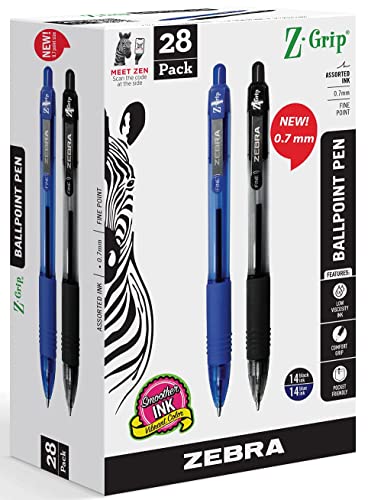 Zebra Pen Zebra Pens Z Grip - 28 Pack Ink Pens, Retractable Ballpoint Z-grip Fine Point 0.7 mm 14 Black & Blue Writing for School College Office Home Use., 28 Count (Pack of 1)