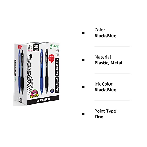 Zebra Pen Zebra Pens Z Grip - 28 Pack Ink Pens, Retractable Ballpoint Z-grip Fine Point 0.7 mm 14 Black & Blue Writing for School College Office Home Use., 28 Count (Pack of 1)