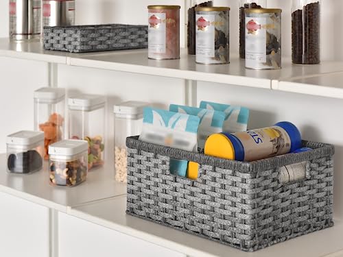 Labcosi Large Wicker Basket, Plastic Wicker Storage Basket, Wicker Storage Basket for Bathroom, Plastic Storage Bin with Built-in Handles, Grey, 15 "L x 11 "W x 6.75 "H, 1 Pack