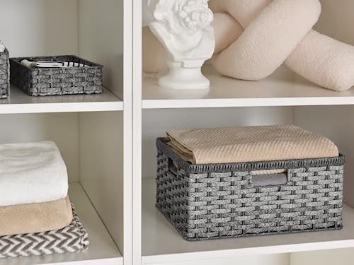 Labcosi Large Wicker Basket, Plastic Wicker Storage Basket, Wicker Storage Basket for Bathroom, Plastic Storage Bin with Built-in Handles, Grey, 15 "L x 11 "W x 6.75 "H, 1 Pack