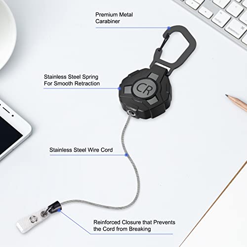 3-Pack Heavy Duty Retractable Keychain with 32” Steel Extender Cord - ID Badge Holder Reels, Badges Holders , Carabiner Keychains, Tactical Key Rings, Reel Clip for Card, 8.6Oz (Black)
