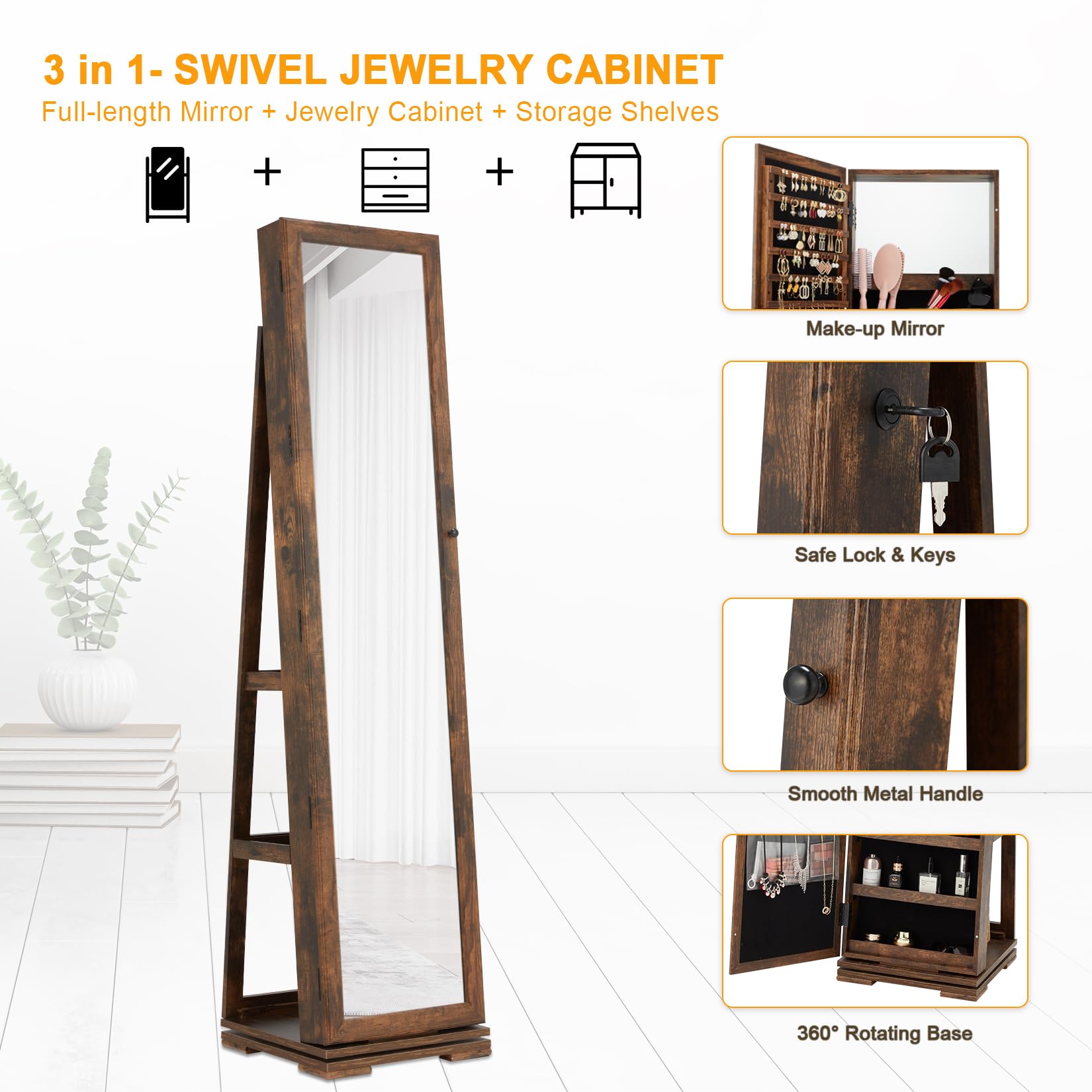 Buymoth 3-in-1 Rotating Jewelry Armoire Cabinet, Freestanding Lockable Jewelry Cabinet Organizer w/Full Length Mirror, Large Storage Capacity, Built-in Makeup Mirror & 3-Tier Rear Shelves,Rustic Brown