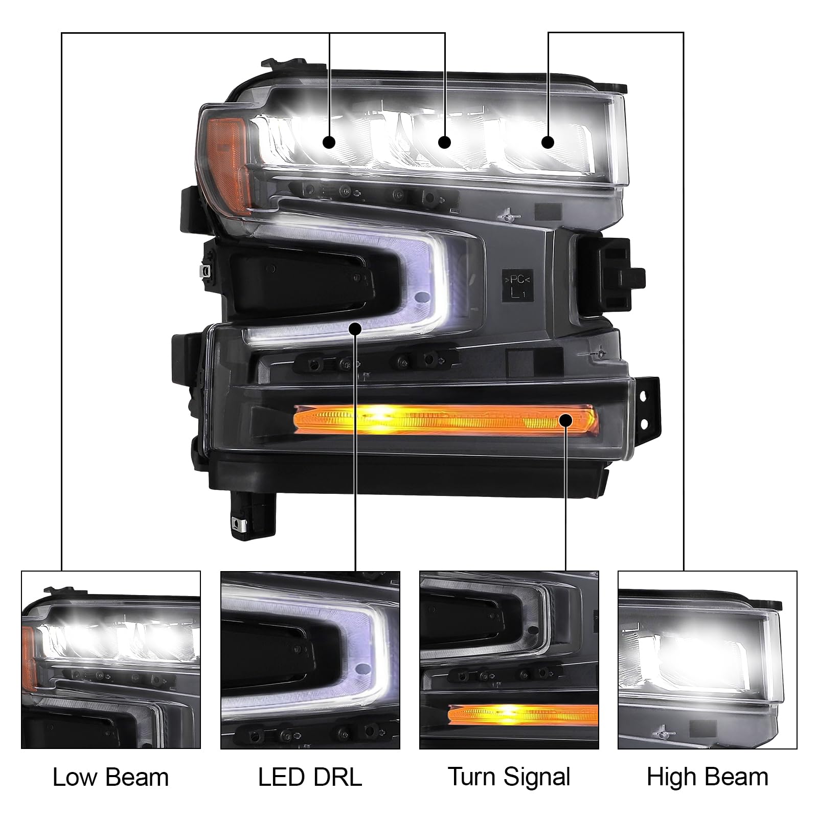 ALZIRIA Headlight Assembly Fit for 2019-2022 19 20 21 22 2019 2020 2021 2022 Chevy Silverado 1500 Pickup/LT/LT Trail Boss/LTZ with LED DRL (Passenger Side-Right)