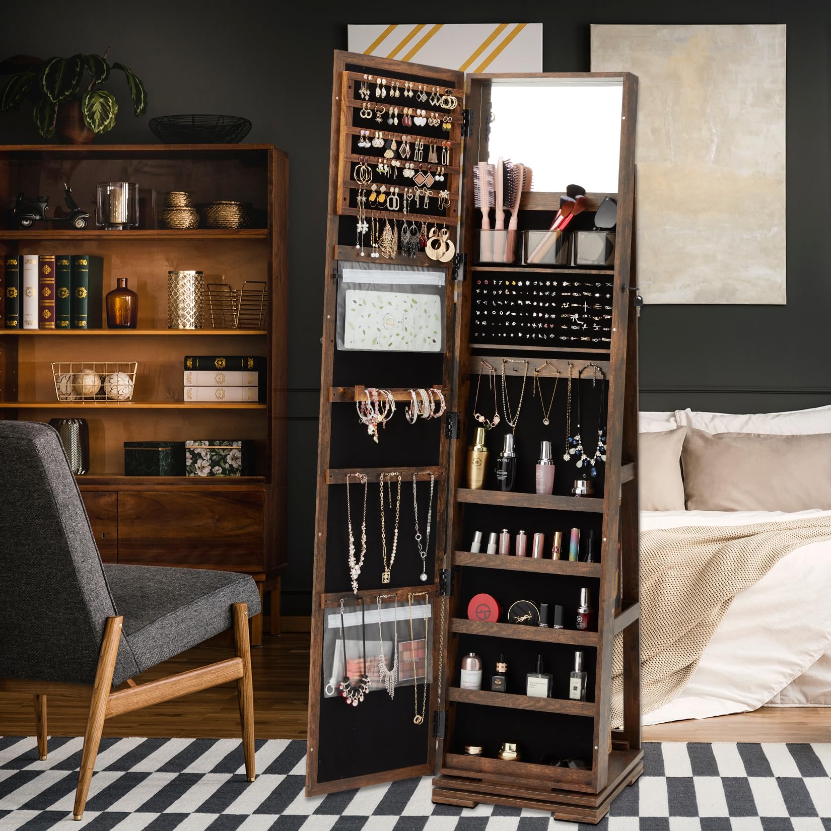 Buymoth 3-in-1 Rotating Jewelry Armoire Cabinet, Freestanding Lockable Jewelry Cabinet Organizer w/Full Length Mirror, Large Storage Capacity, Built-in Makeup Mirror & 3-Tier Rear Shelves,Rustic Brown