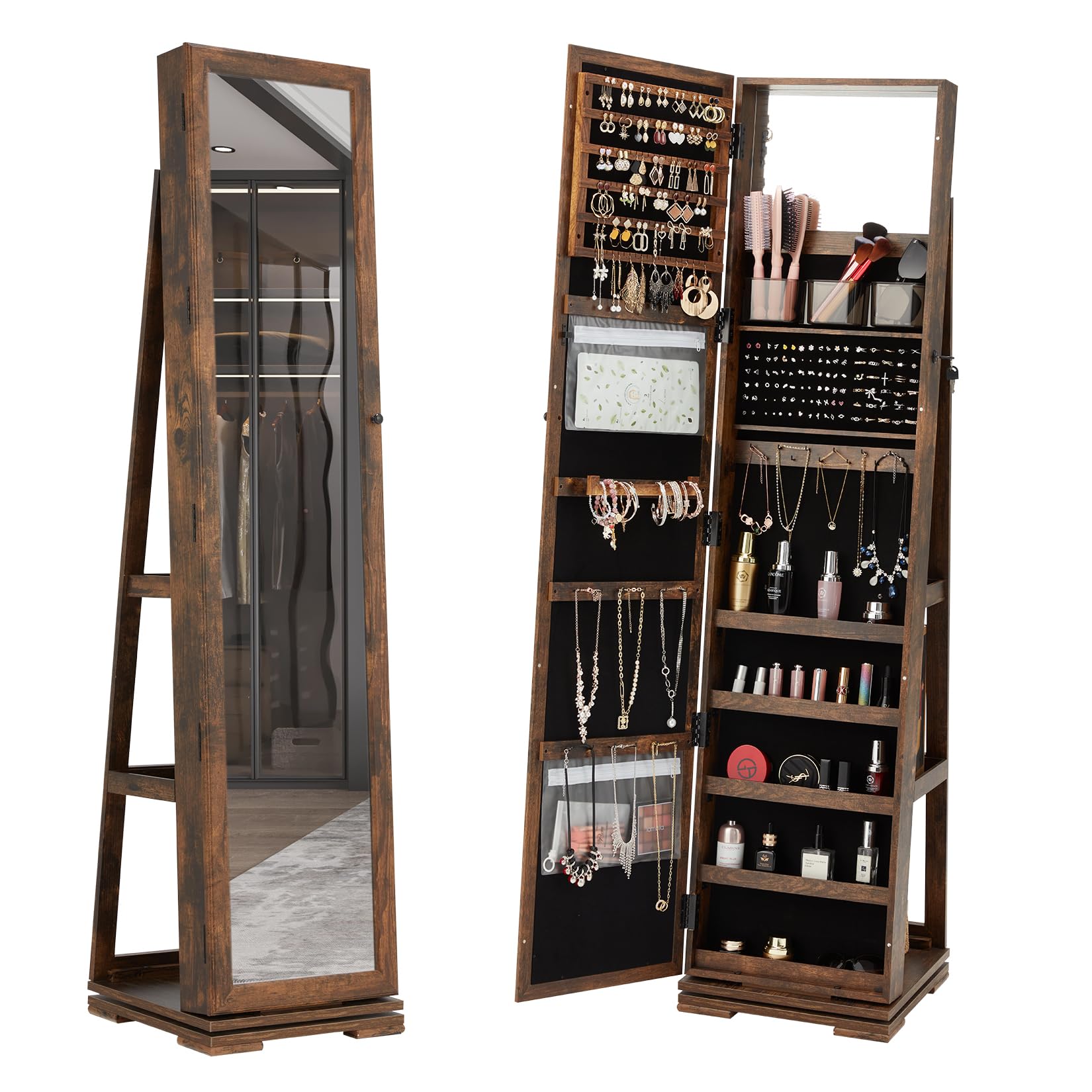 Buymoth 3-in-1 Rotating Jewelry Armoire Cabinet, Freestanding Lockable Jewelry Cabinet Organizer w/Full Length Mirror, Large Storage Capacity, Built-in Makeup Mirror & 3-Tier Rear Shelves,Rustic Brown