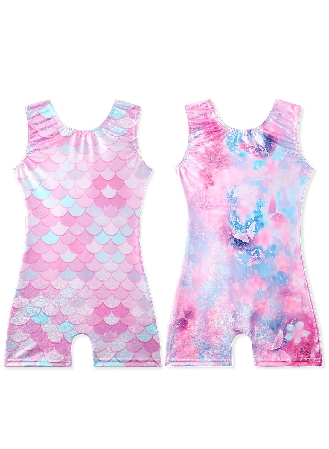 EQSJIU 2 Packs Leotard for Girls Gymnastics Mermaid Butterfly Sparkle Biketards with Shorts Kids Sleeveless Unitard One-Piece Dancewear 4t 5t 4-5t