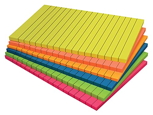 Lined Sticky Notes, 4 x 6, 6 Pack, 300 Sheets (50/Pad), Self Stick Notes with Lines, 6 Bright Assorted Colors, by Better Office Products, Post Memos, Strong Adhesive, 6 Pads