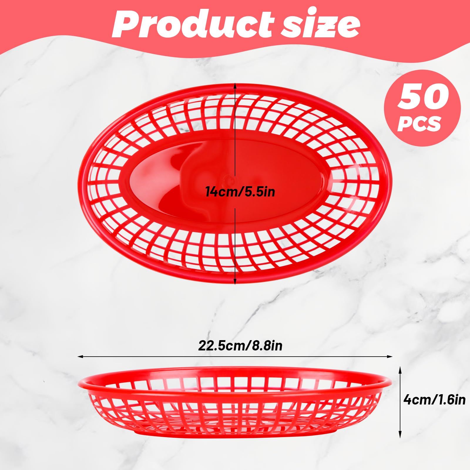 GothaBach 50 Pack Fast Food Baskets, Plastic Fast Food Restaurant Baskets, Bread Fry Baskets Serving Tray for Hot Dogs, Chicken, Burgers, Sandwiches, Fries (Red)