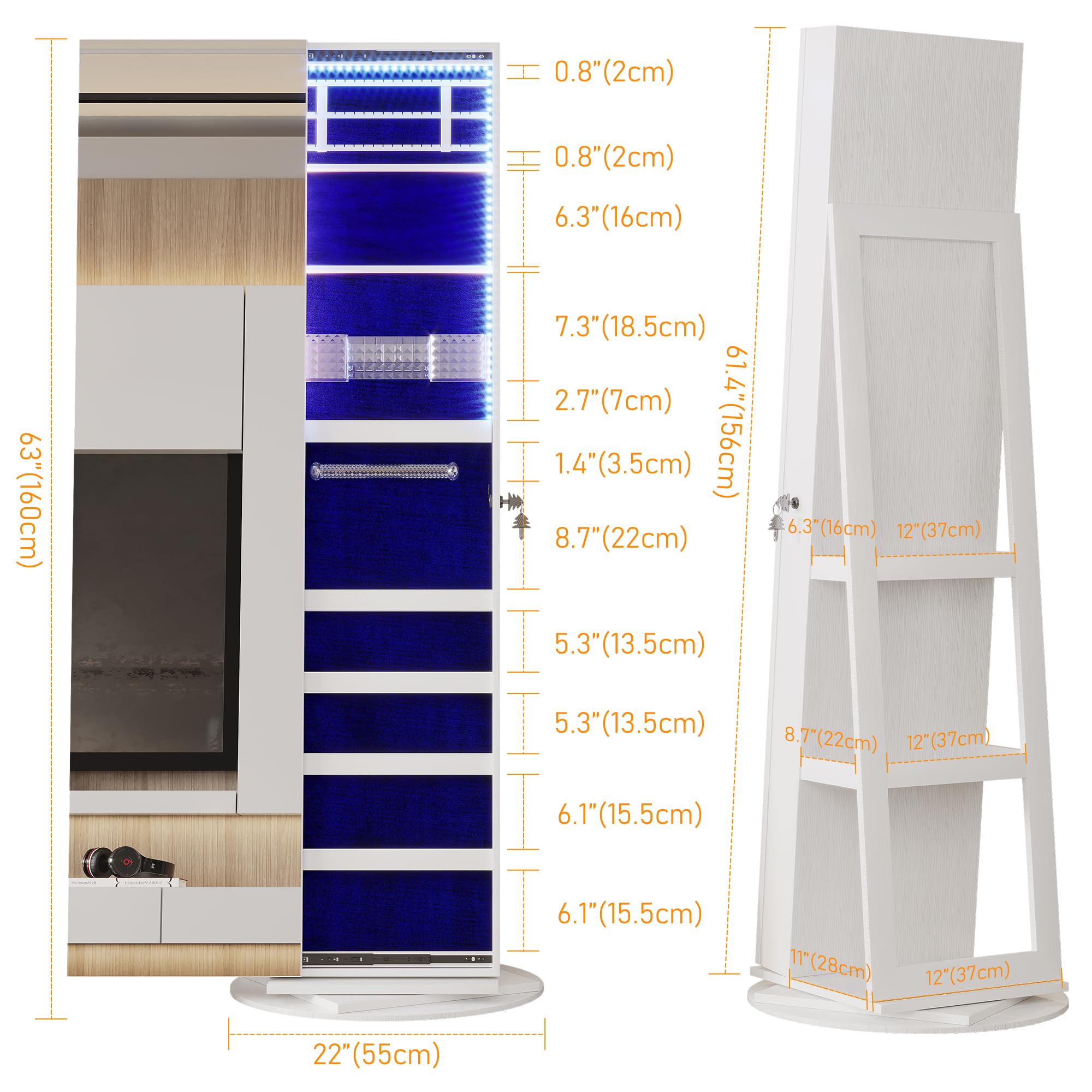 LVSOMT 360° Swivel Jewelry Mirror Cabinet with Lights, Standing Jewelry Armoire Organizer, 63" Rotatable Full-Length Mirror with Jewelry Storage, Lockable with Back Storage Shelve, White