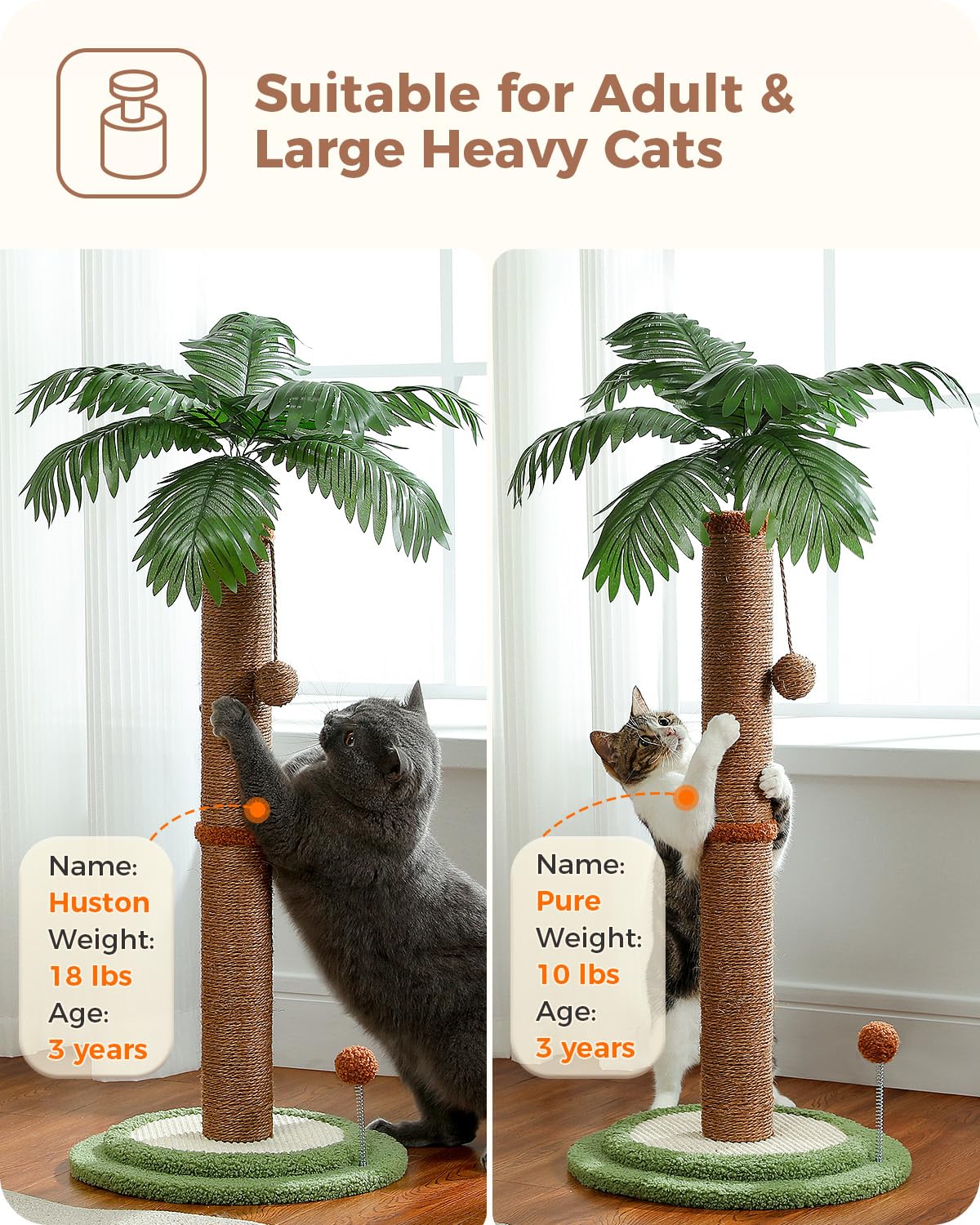 PETEPELA Cat Scratching Post, 33" Tall Cat Scratcher for Large Cats with Interactive Balls& 100% Sisal Covered Kitten Scratch Posts for Indoor Cats(Brown)