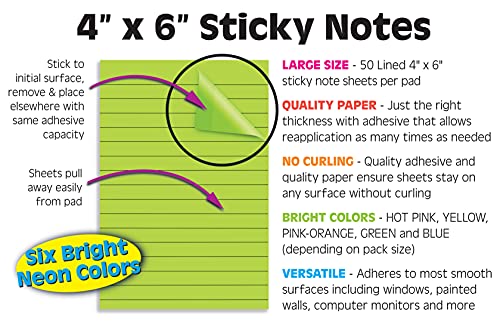 Lined Sticky Notes, 4 x 6, 6 Pack, 300 Sheets (50/Pad), Self Stick Notes with Lines, 6 Bright Assorted Colors, by Better Office Products, Post Memos, Strong Adhesive, 6 Pads