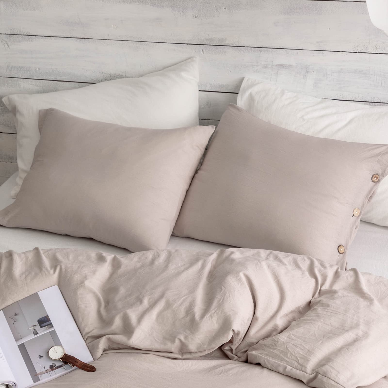 Argstar Khaki Button Duvet Cover Set Queen Size with Extra 2 Pillowcases (20''x26'')