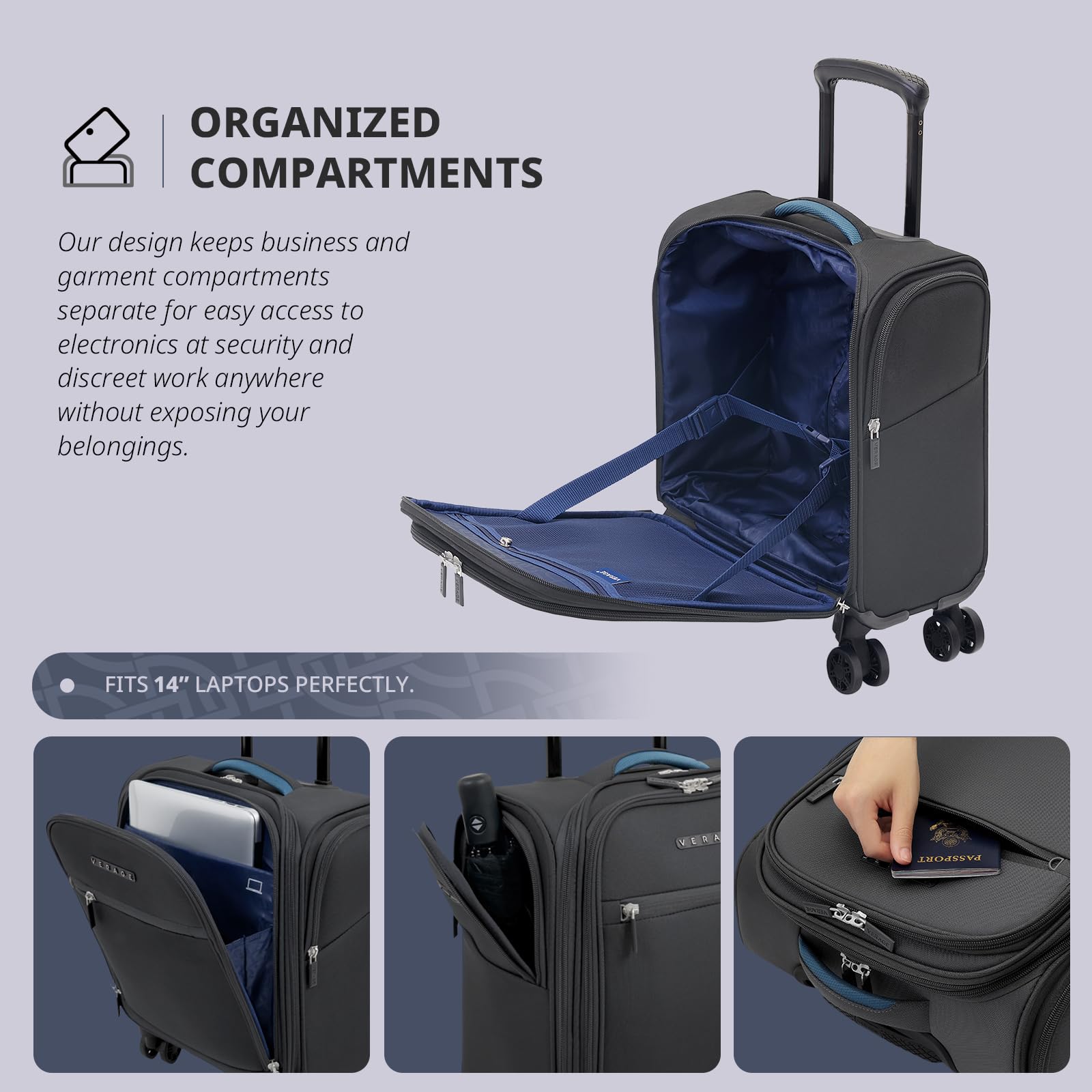 Verage Underseat Carry On Luggage with Wheels & USB Port,14 inch Wheeled Spinner Carry-on Luggages Bags for Airlines, Lightweight Overnight Suitcase for Men Women (14-Inch Compact Underseat Pro)