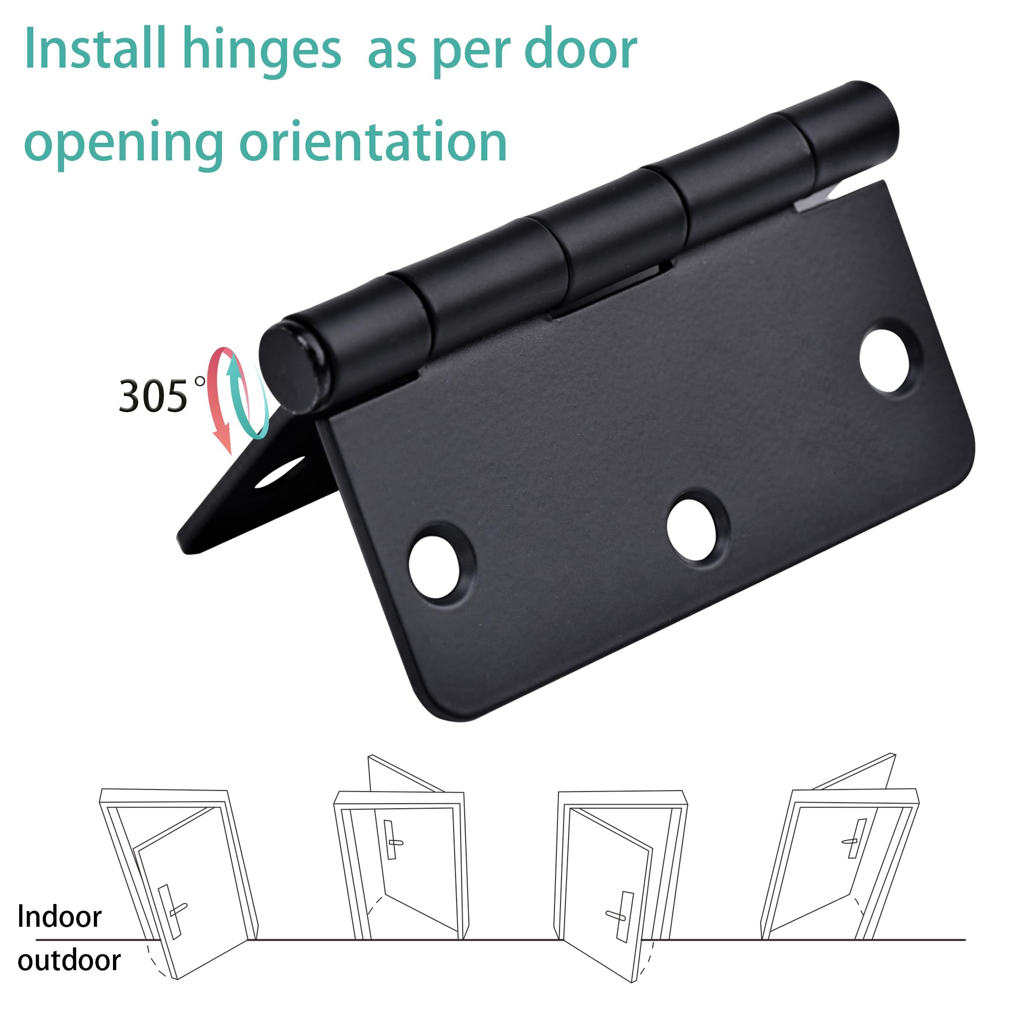24 Pack 3.5" x 3.5" Black Door Hinges, Matte Black Door Hinges 3 1/2 Interior Door Hinges 1/4" Radius Standard Residential Bedroom Door