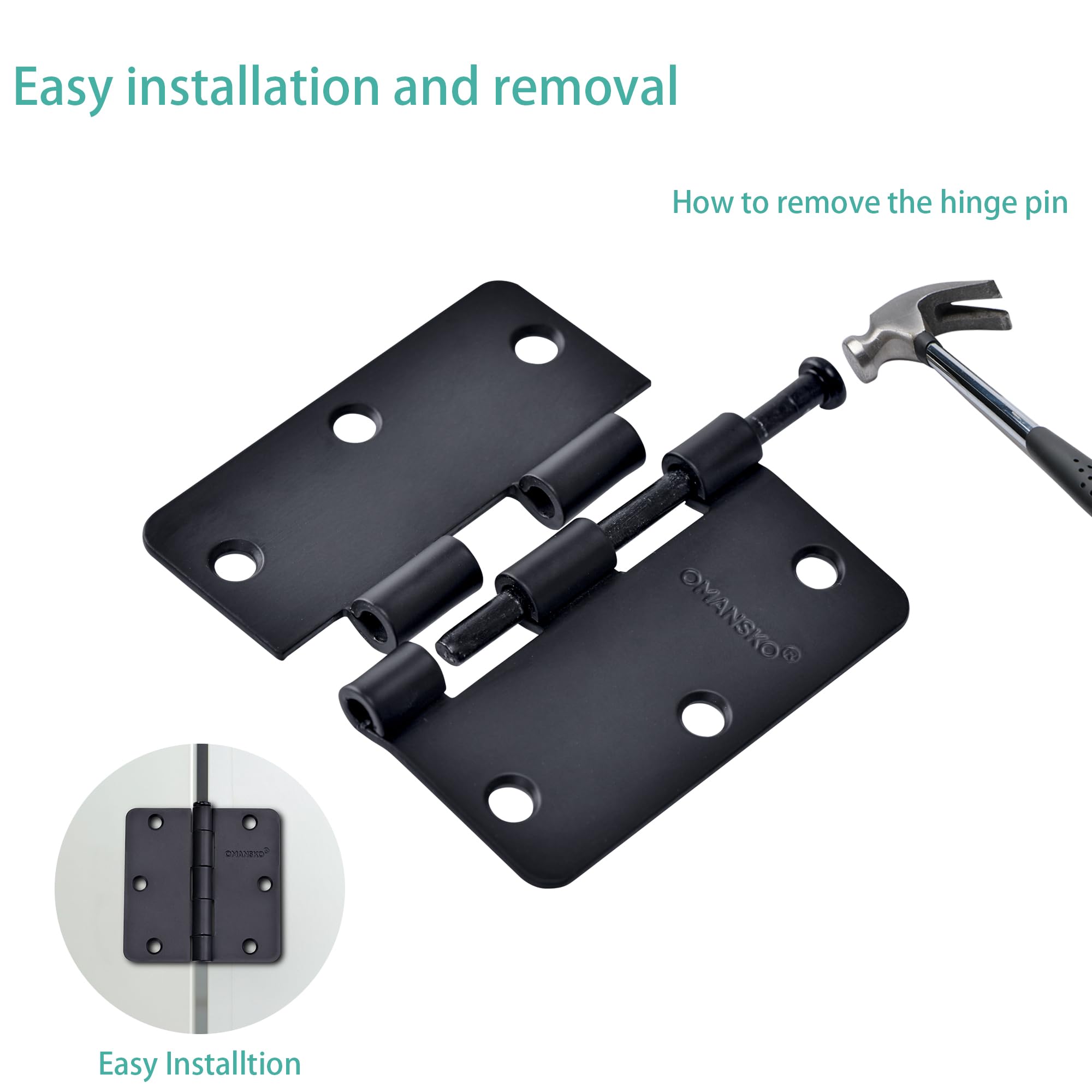 24 Pack 3.5" x 3.5" Black Door Hinges, Matte Black Door Hinges 3 1/2 Interior Door Hinges 1/4" Radius Standard Residential Bedroom Door