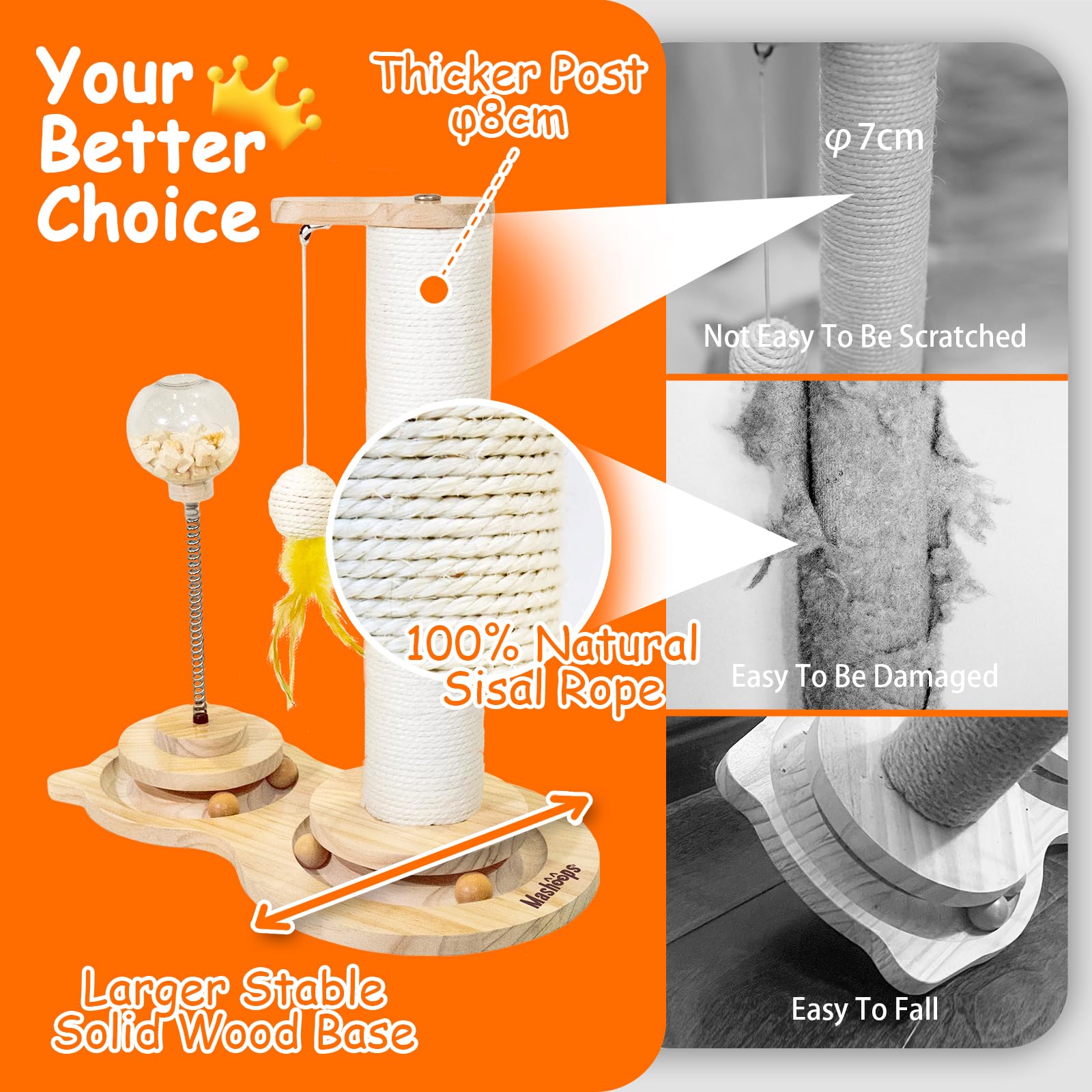 MASHOOPS Cats Scratching Post Cat Scratcher with Treat Dispenser Toy, 4-in-1 Scratching Posts for Indoor Cats with Wooden Ball Track, Interactive Cat Toys
