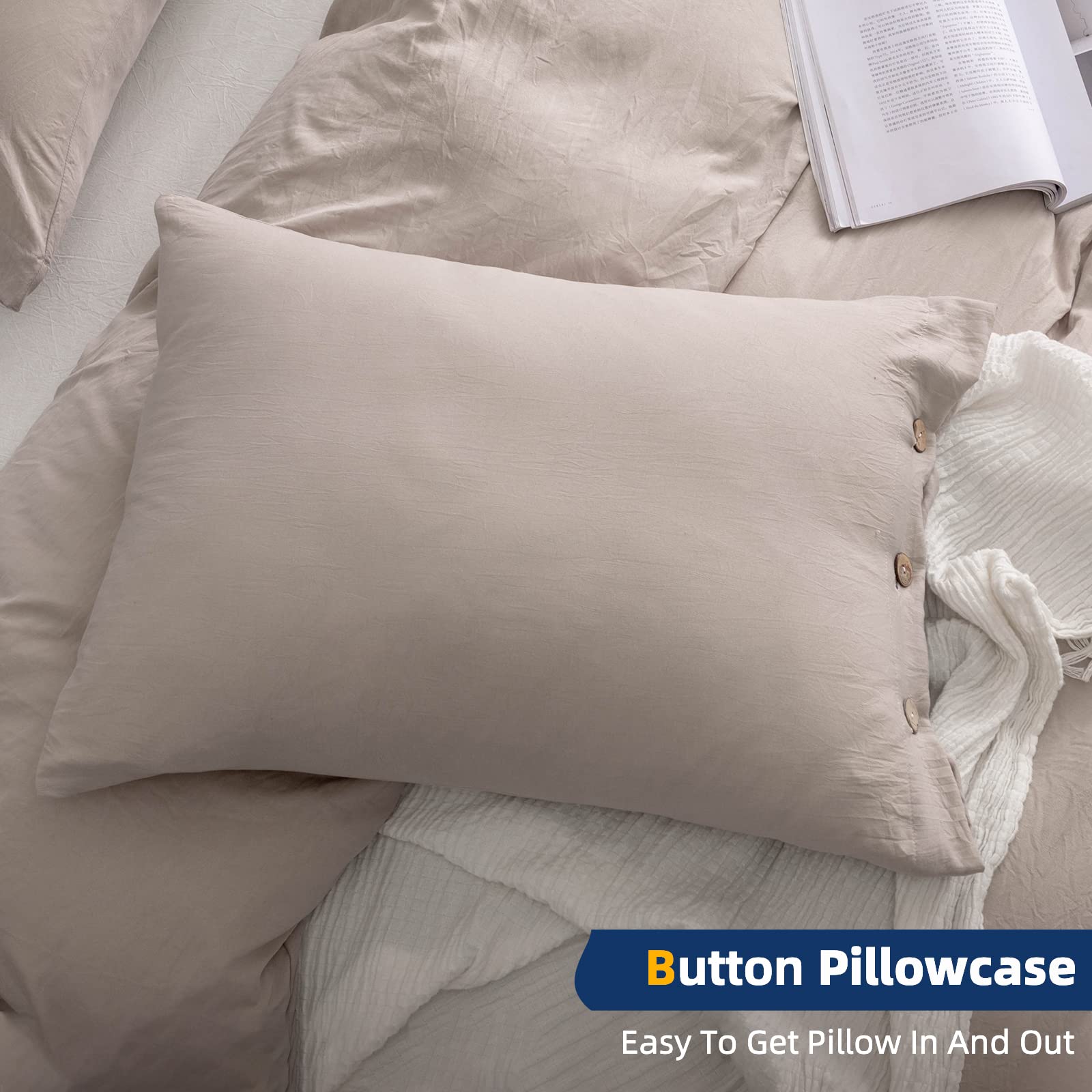 Argstar Khaki Button Duvet Cover Set Queen Size with Extra 2 Pillowcases (20''x26'')