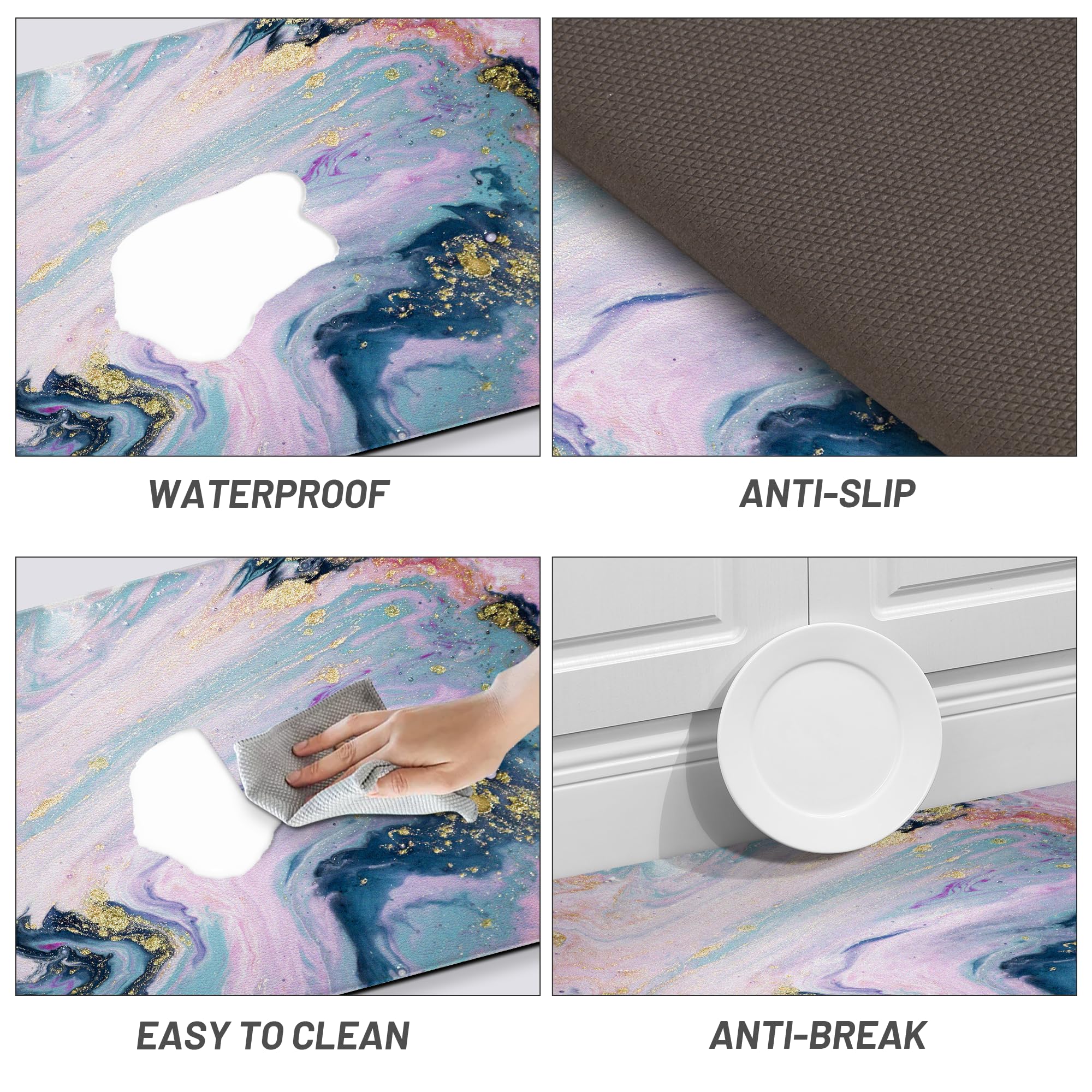 FYATHM Marble Blue Pink Kitchen Mats for Floor Anti Fatigue Mats for Kitchen Floor Kitchen Rugs Abstract Art Decorative Cushioned Non Slip Waterproof Mats in Front of Sink for Office Bedroom Laundry