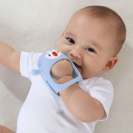 Wearable Soothing Teether, Penguin Buddy Never Drop Silicone Baby Teething Toy, Baby Chew Toys for Sucking Needs, Hand Pacifier for Breast Feeding Babies, Car Seat Toy for New Born (Baby Blue)