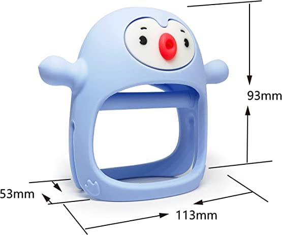 Wearable Soothing Teether, Penguin Buddy Never Drop Silicone Baby Teething Toy, Baby Chew Toys for Sucking Needs, Hand Pacifier for Breast Feeding Babies, Car Seat Toy for New Born (Baby Blue)