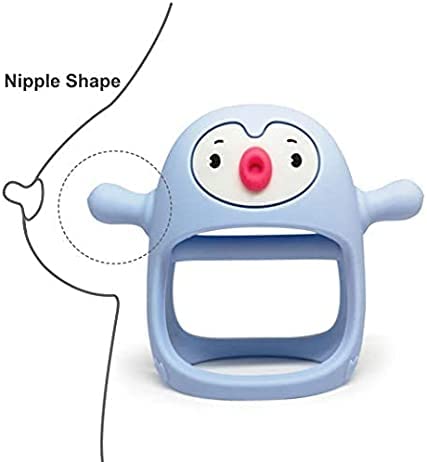 Wearable Soothing Teether, Penguin Buddy Never Drop Silicone Baby Teething Toy, Baby Chew Toys for Sucking Needs, Hand Pacifier for Breast Feeding Babies, Car Seat Toy for New Born (Baby Blue)