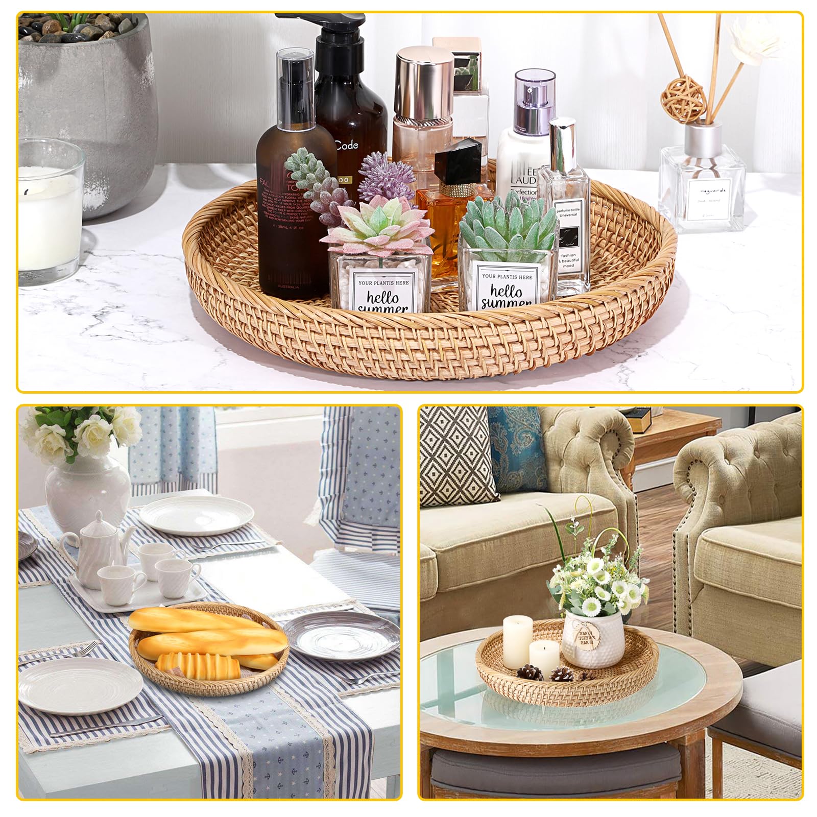 Hipiwe Round Key Basket Bowl for Entryway Table, 11.8" Large Rattan Basket Tray Decorative Ottoman Trays Centerpiece Tray for Coffee Table, Hand-Woven Fruit Basket Wicker Serving Tray